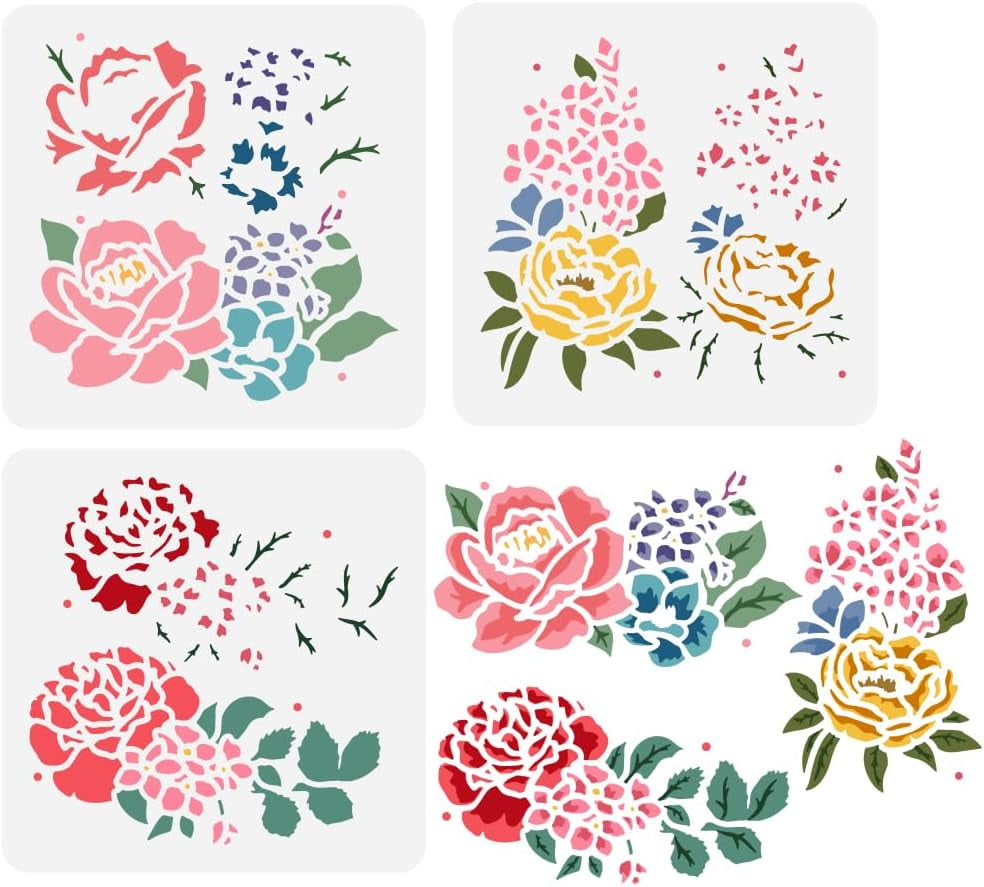 3 Pcs Layered Flower Painting Stencil 5.9x5.9inch Reusable Rose Flower ...