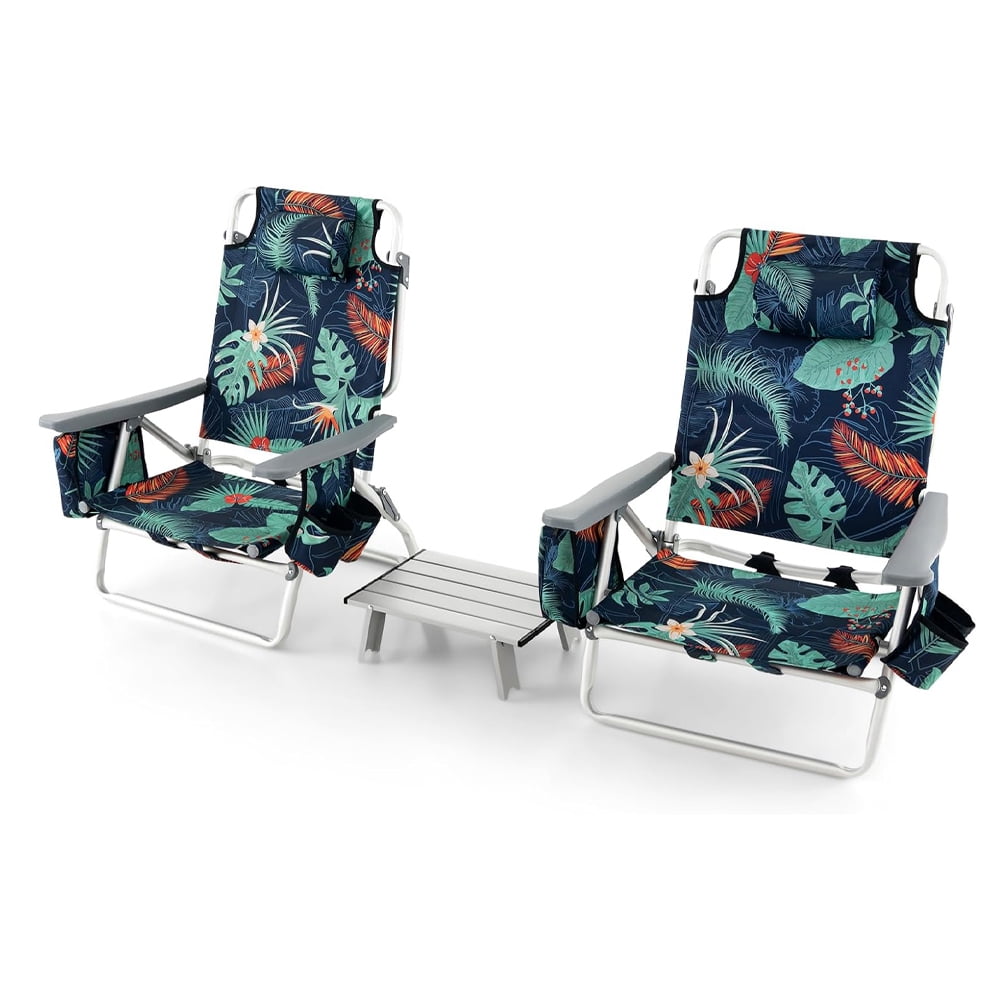 3 Pcs Lightweight Camping Chairs, Versatile Backpack Chairs with Side Table, 5-Position Outdoor ...