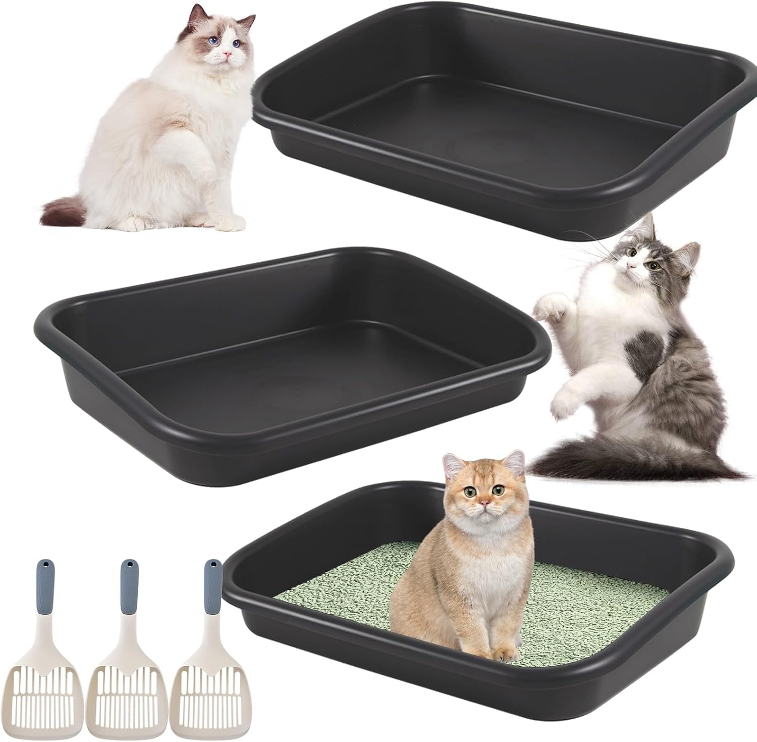 3 Pcs Low Entry Senior Cat Litter Box with Scoop, Extra Large Pet ...