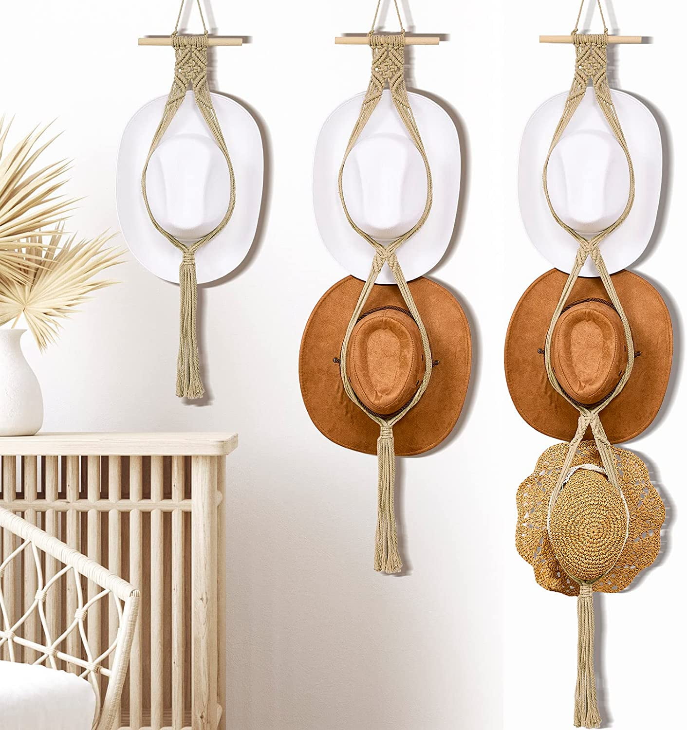 3 Pcs Macrame Hat Hanger Boho for Wall Organizer Cowgirl Display Hand ...