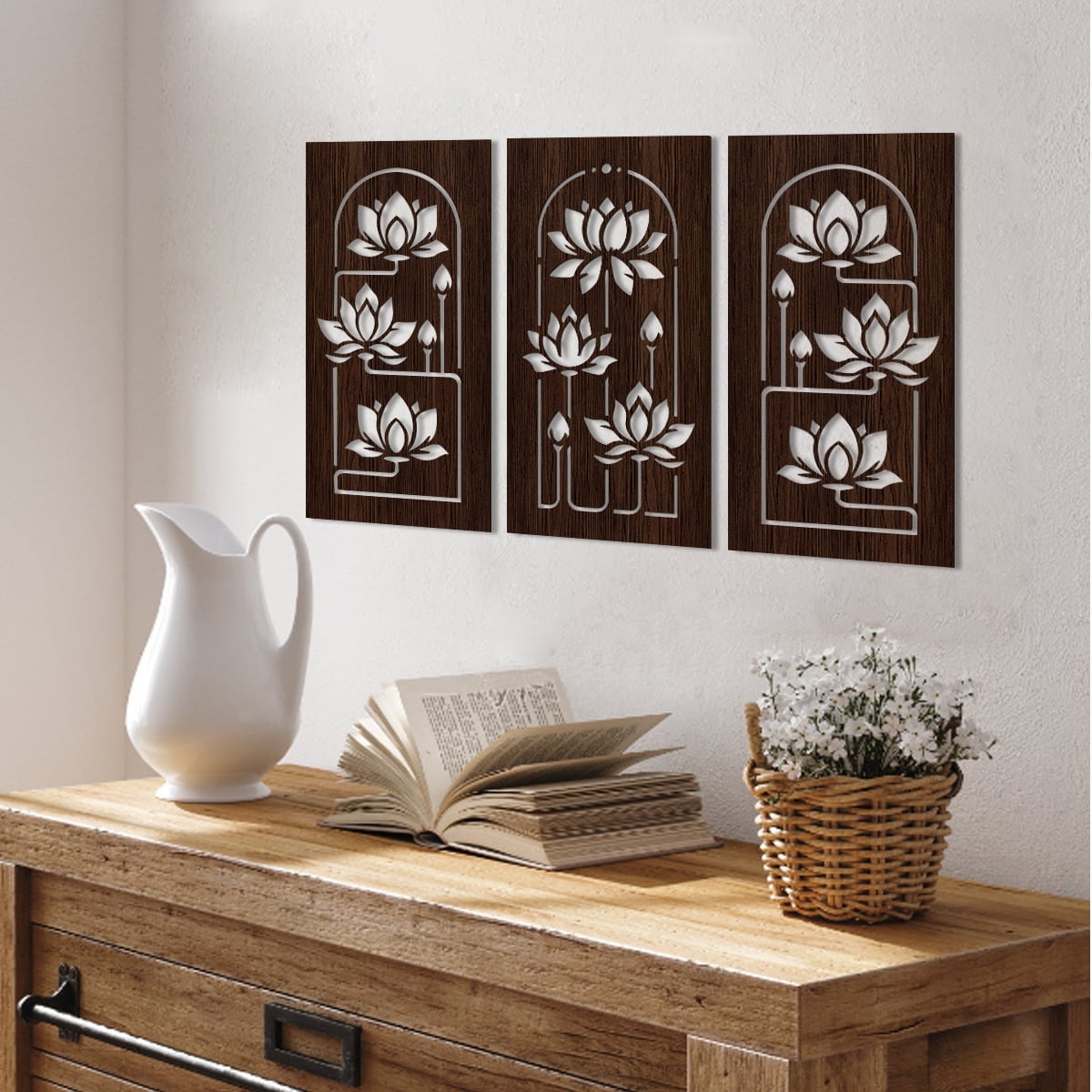 3 Pcs Mandala Wall Art Wood Lotus Flower Wall Decor Brown Lotus Carved ...