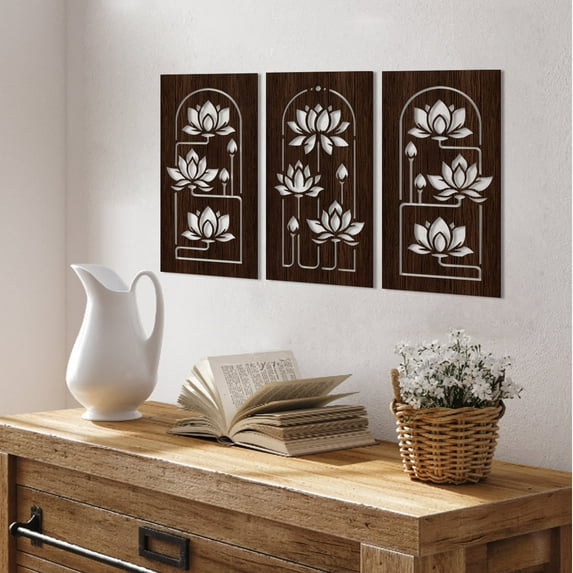 3 Pcs Mandala Wall Art Wood Lotus Flower Wall Decor Brown Lotus Carved ...