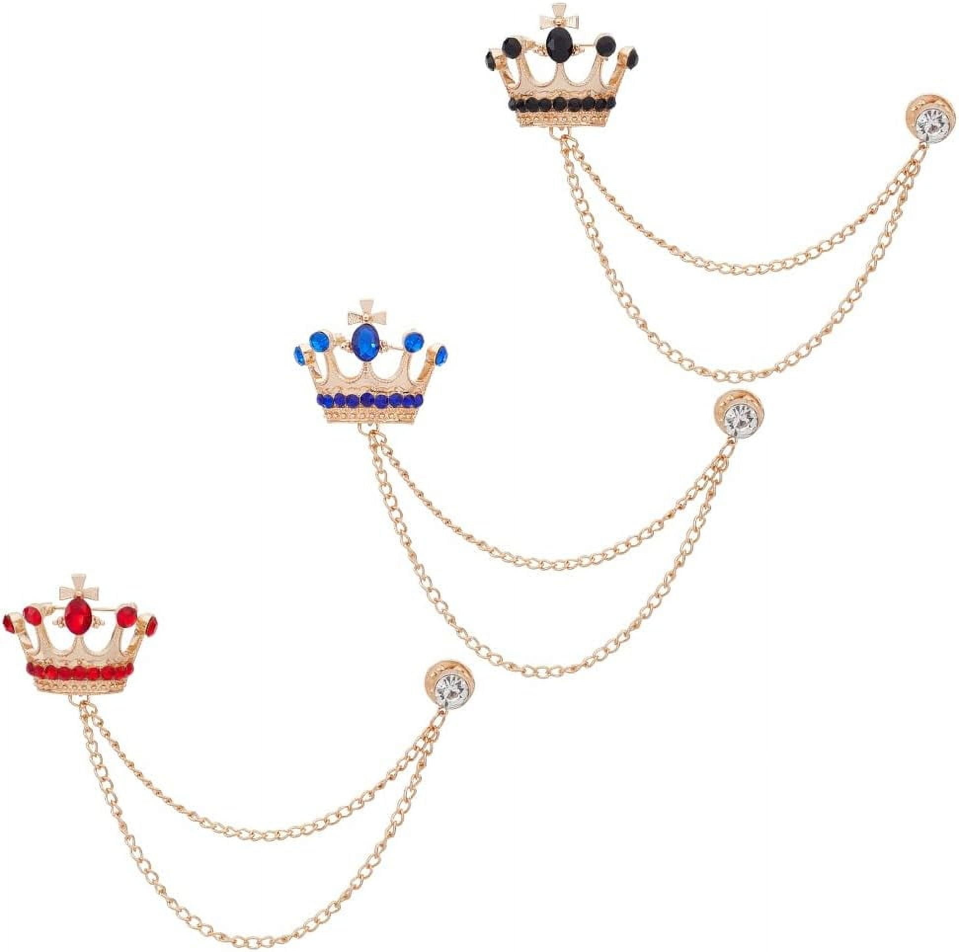 3 Pcs Mens Lapel Pins Gold Crown with Hanging Chain Brooch Suit Chain ...