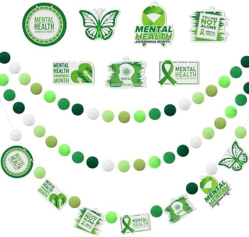 3 Pcs Mental Health Awareness Banners Hanging Green Pompom Ball ...