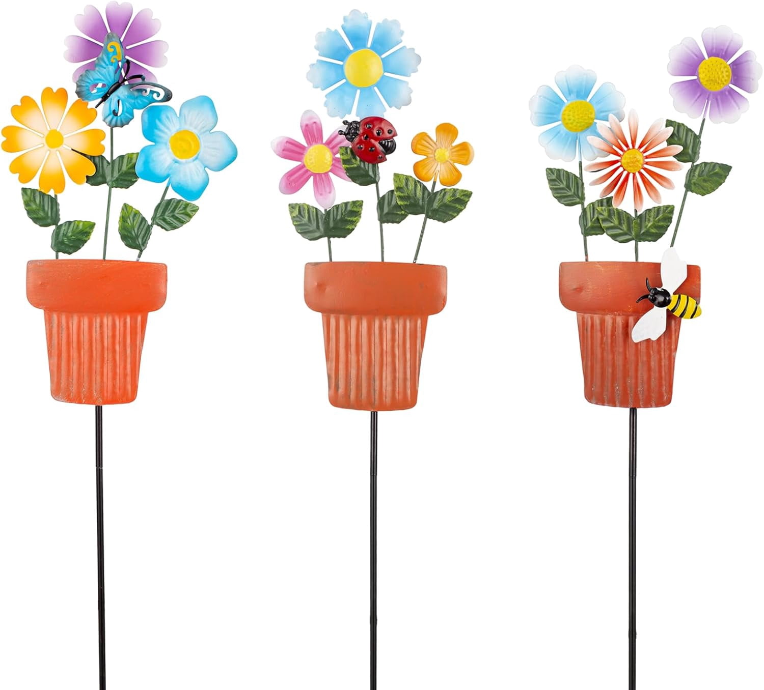 3 Pcs Metal Flower Garden Stakes, 24" H Pot Shape Decorative Yard Art ...