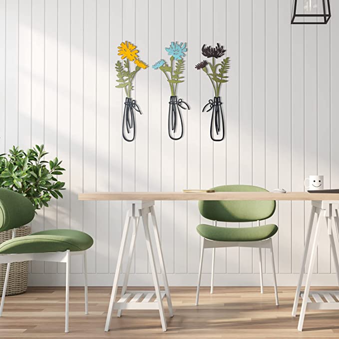 3 Pcs Metal Flowers Wall Decor Colorful Flower Hanging Wall Sculptures ...