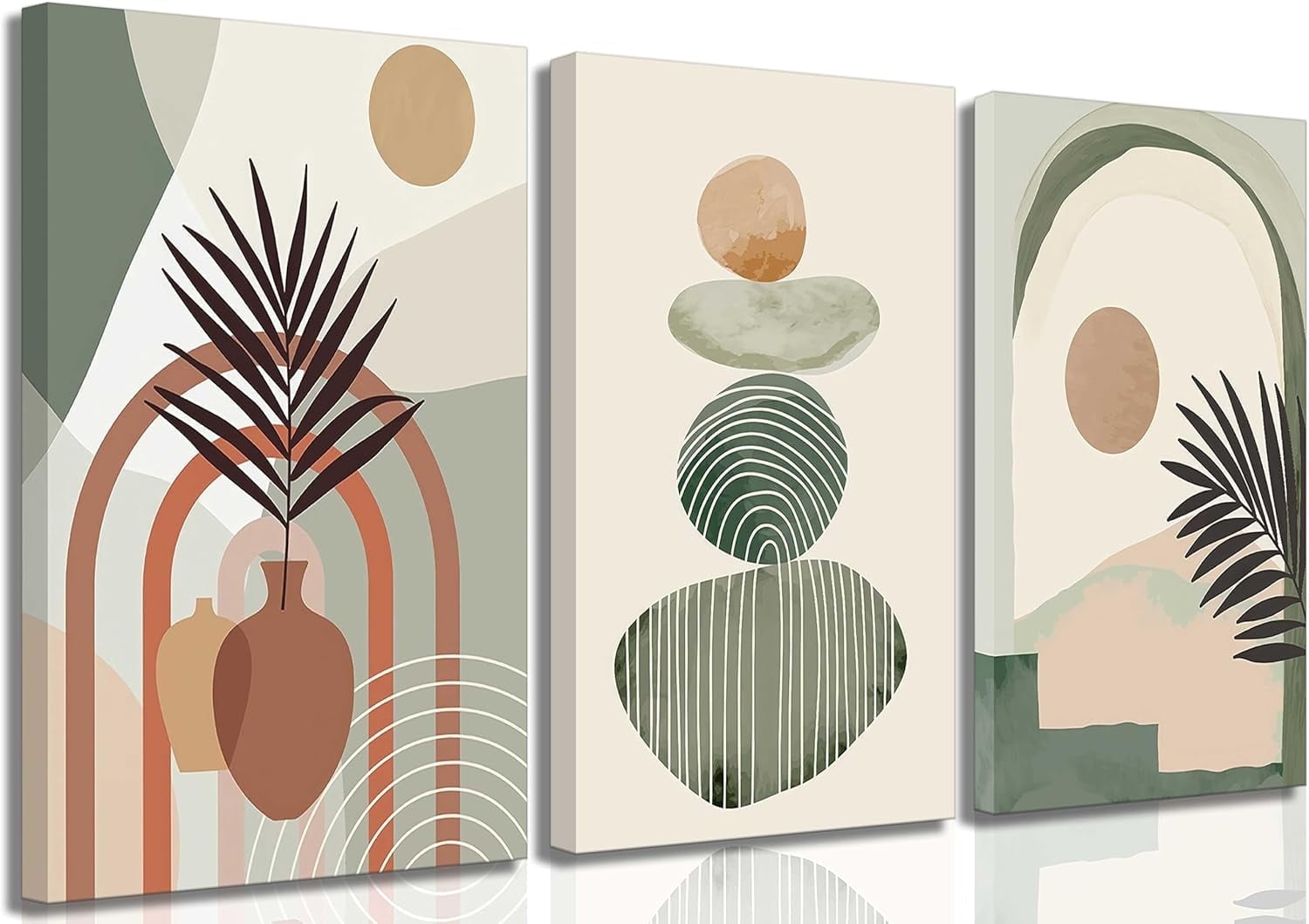 3 Pcs Mid Century Modern Boho Abstract Canvas Wall Art Neutral Green ...