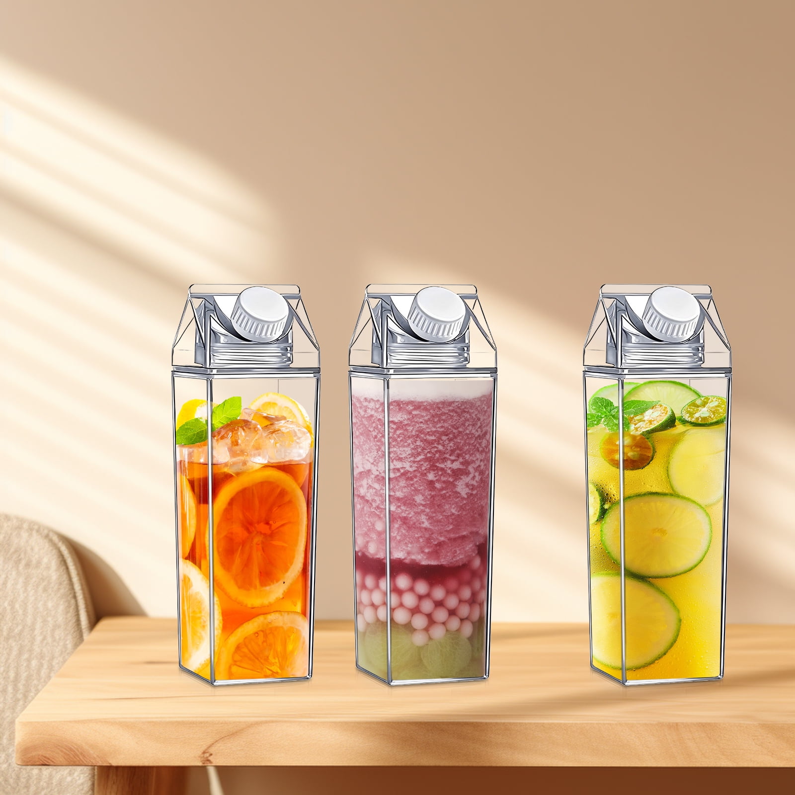 3 Pcs Milk Carton Water Bottles Reusable Plastic Square Milk Bottle ...