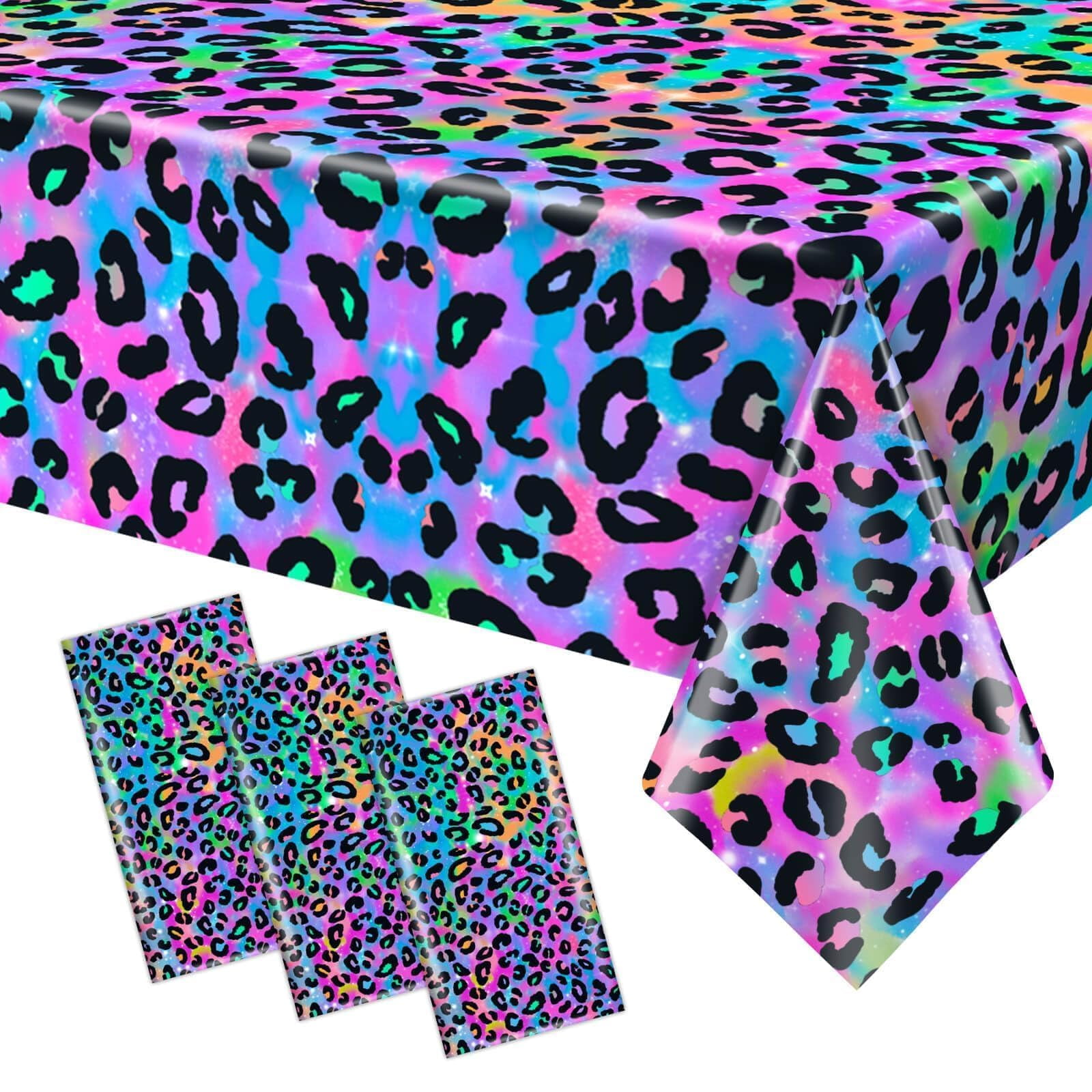 3 Pcs Neon Rainbow Leopard Birthday Tablecloth Disposable Plastic Girl ...