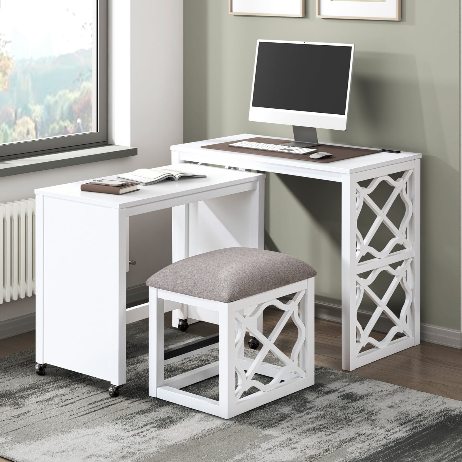 3 Pcs Nesting Writing Desk with Padded Stool, Rolling Computer Desk ...