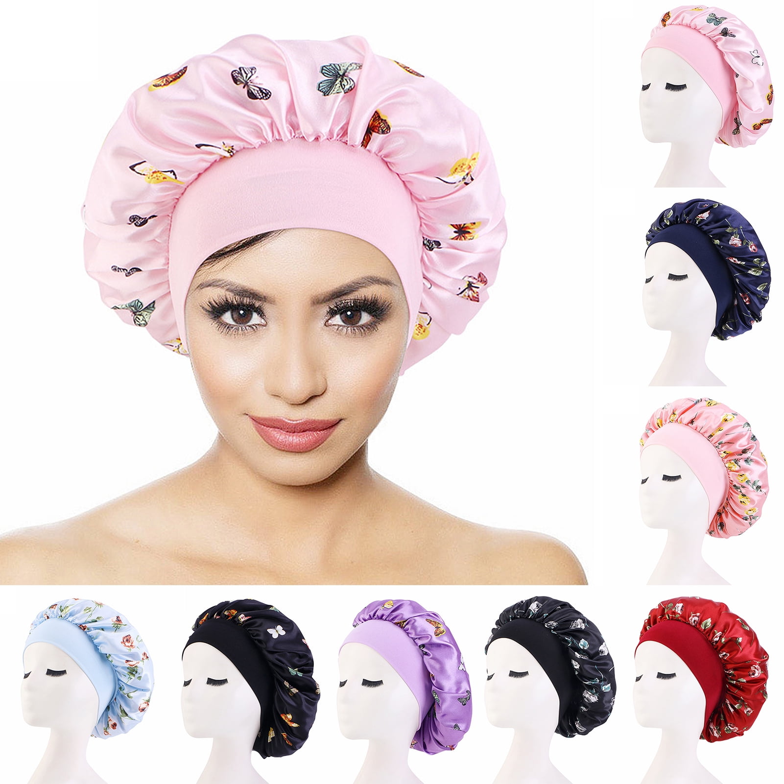 3 Pcs Nightcaps Satin Bonnet Extra Large Sleeping Bonnet Comfortable Butterfly Print Elastic ...