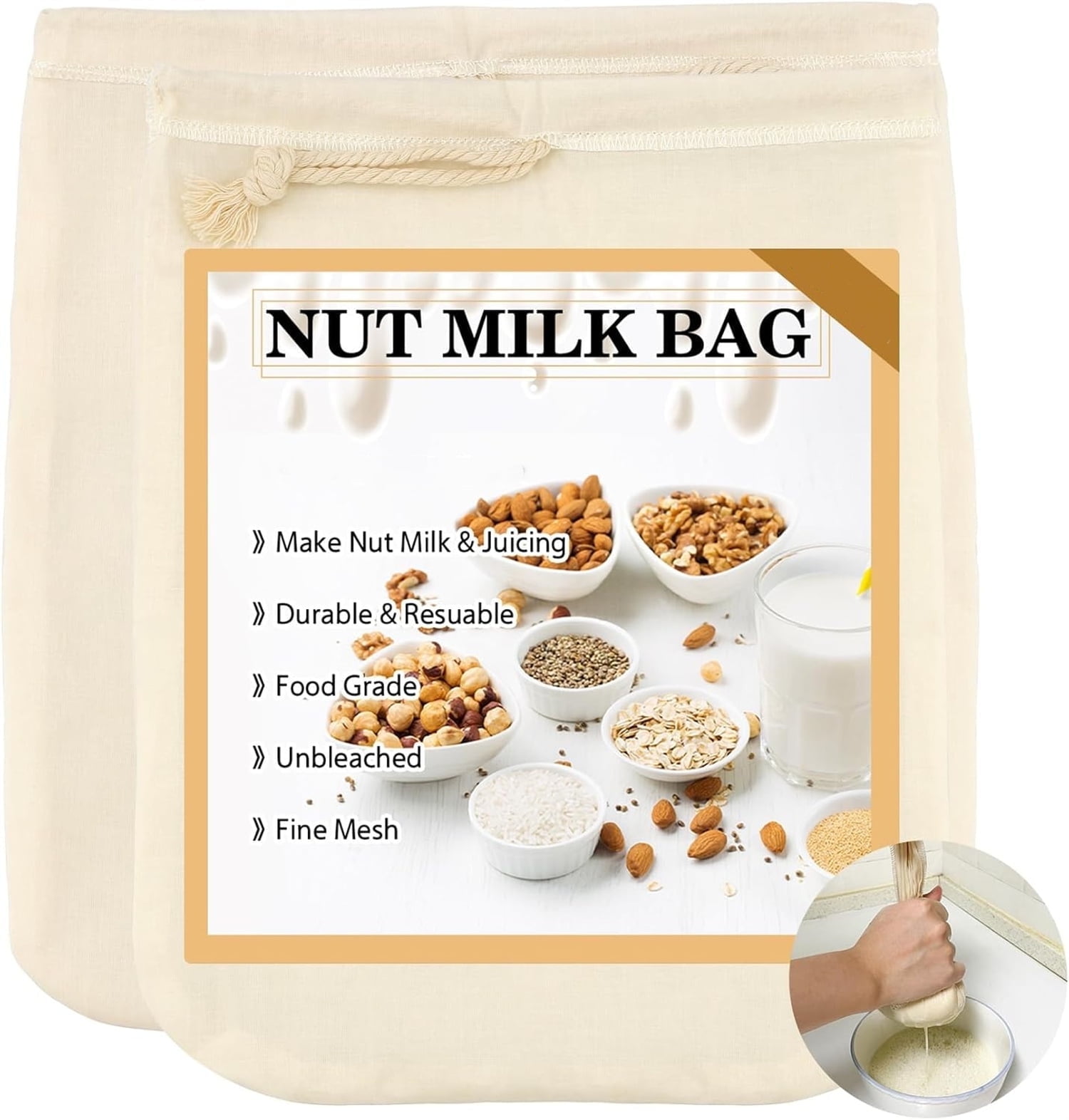 3 Pcs Nut Milk Bag,12"x12"Unbleached Cotton Cheese Cloth Bag for ...