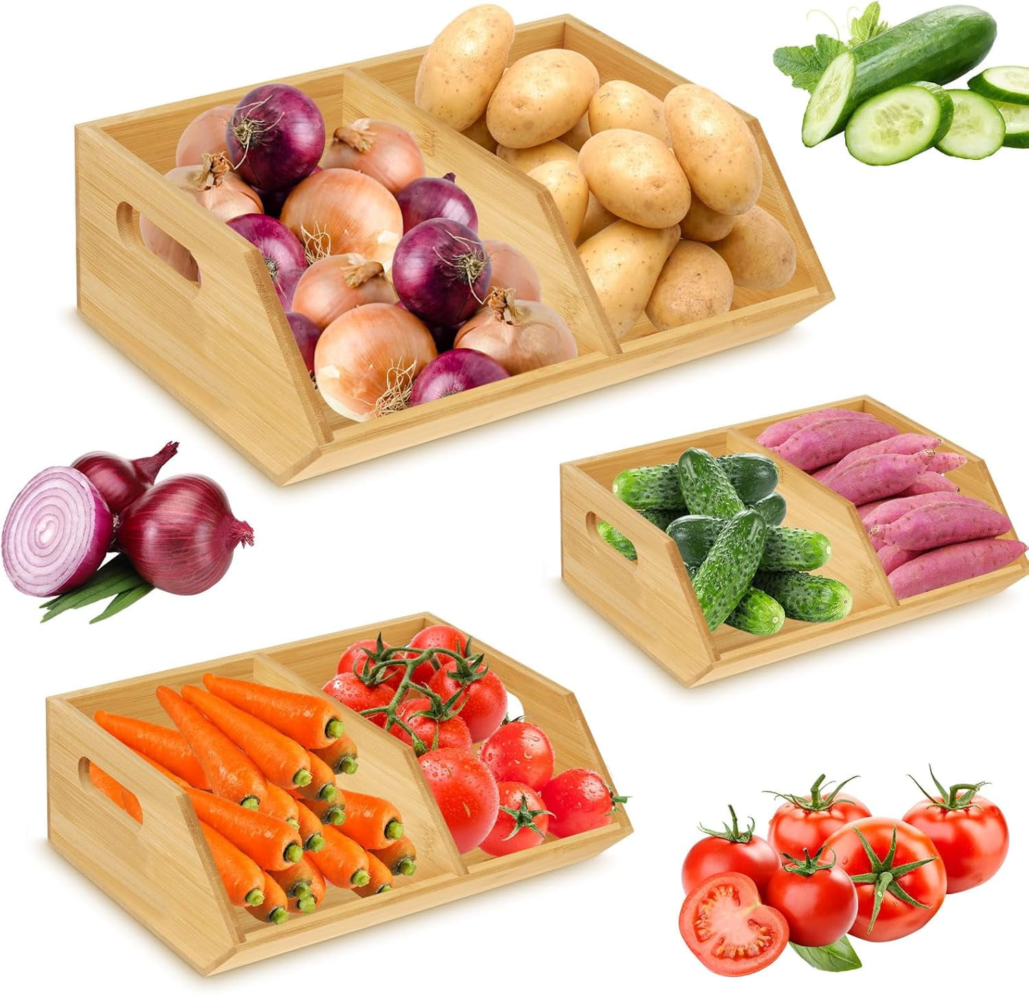 3 Pcs Onion and Potato Storage, Bamboo Pantry Organizer, Ideal for ...
