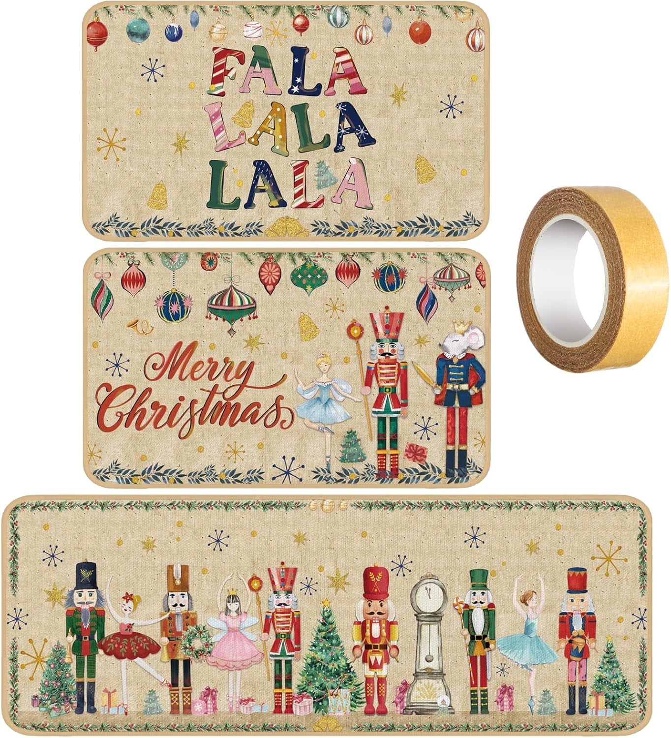 3 Pcs Pastel Pink Nutcracker Christmas Kitchen Rugs and Mats Set Anti ...