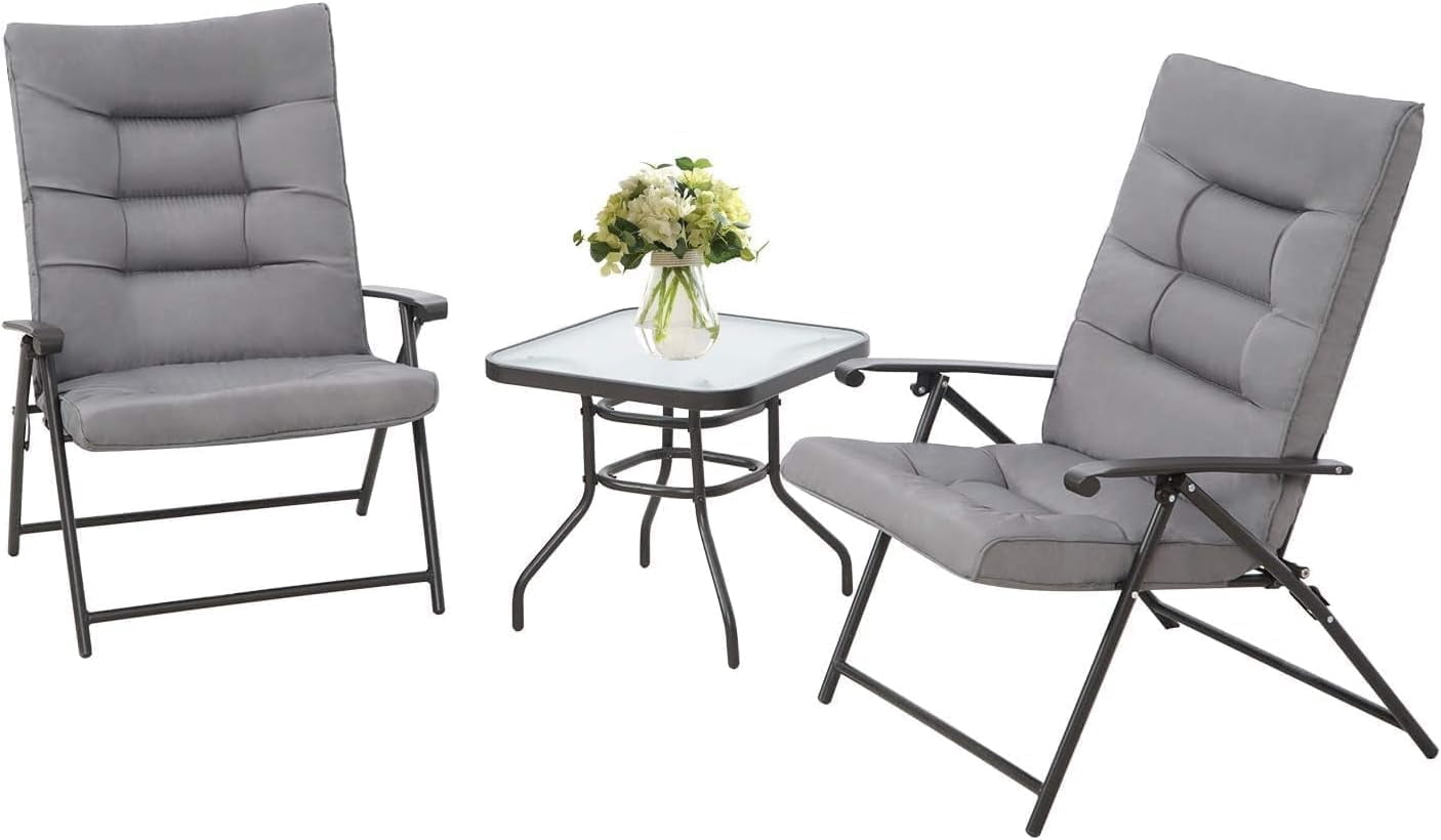 3 Pcs Patio Folding Bistro Set, Outdoor Metal Adjustable Recliner ...