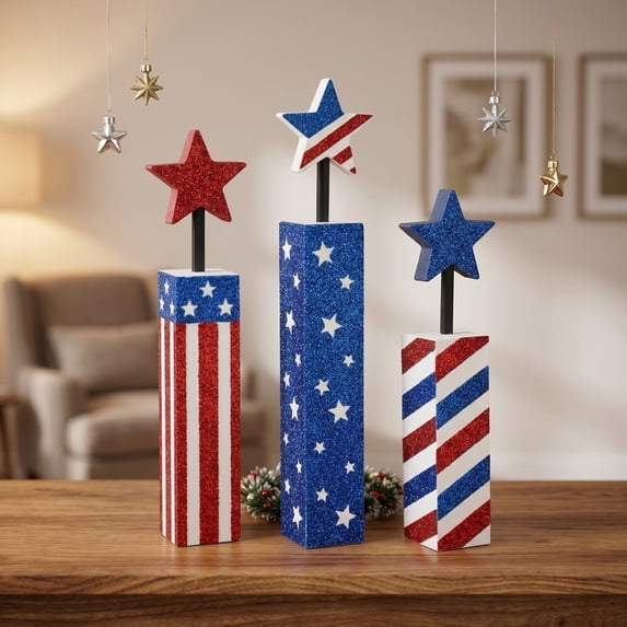 3 Pcs Patriotic Wooden Block Decor Set, Rustic Handcrafted 4th of July ...