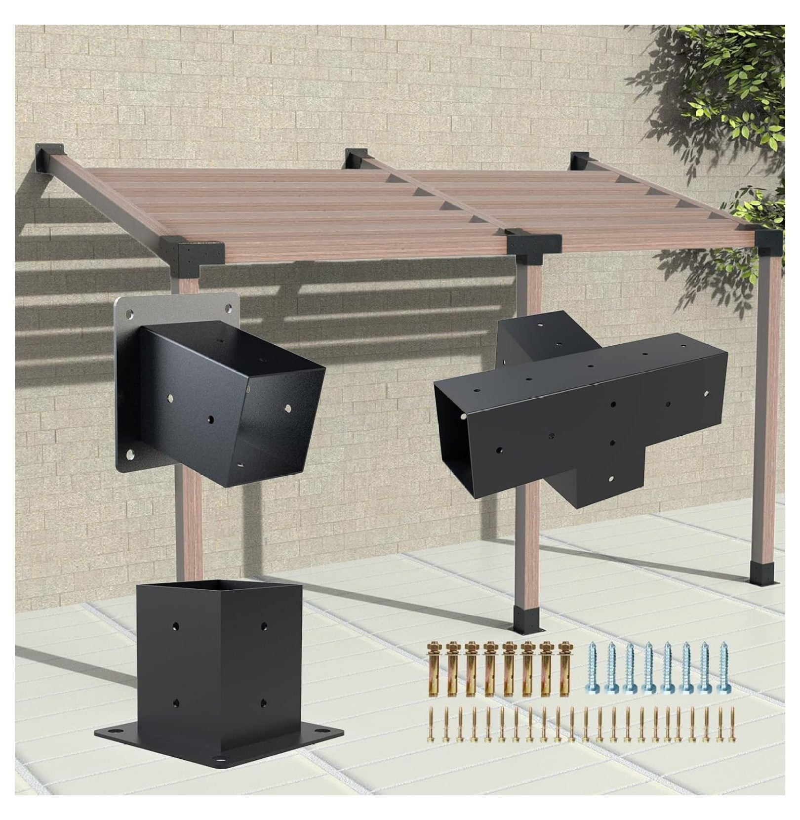 3 Pcs Pergola Brackets Kit - 4x4 4-Way Brackets with Post Base for 4x4 ...