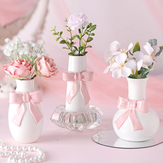 3 Pcs Pink Bow Ceramic Bud Vase Cute Mini Ceramic Style Bow Vase for ...