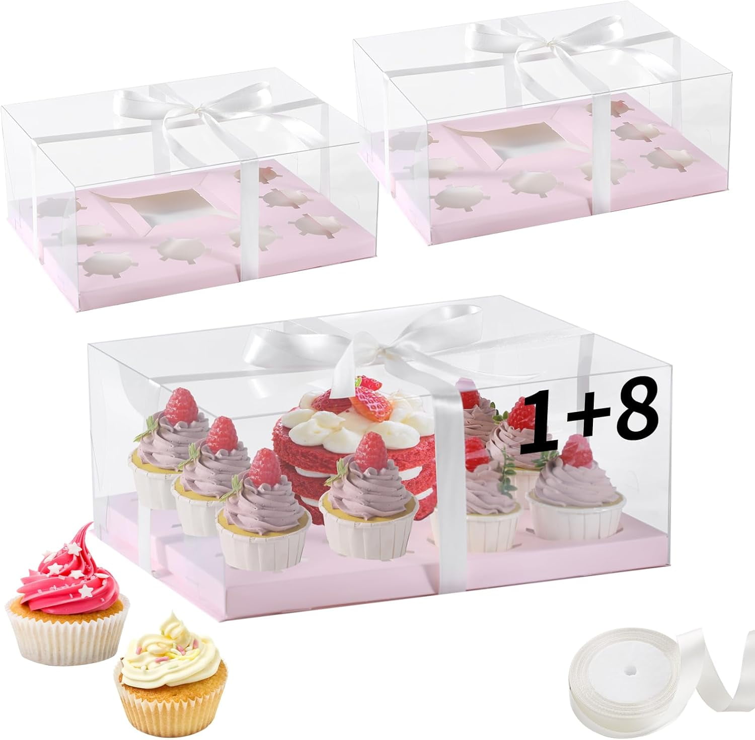 3 Pcs Pink Cake and Cupcake Combo Bento Boxes with Clear Lid Fit 8 ...