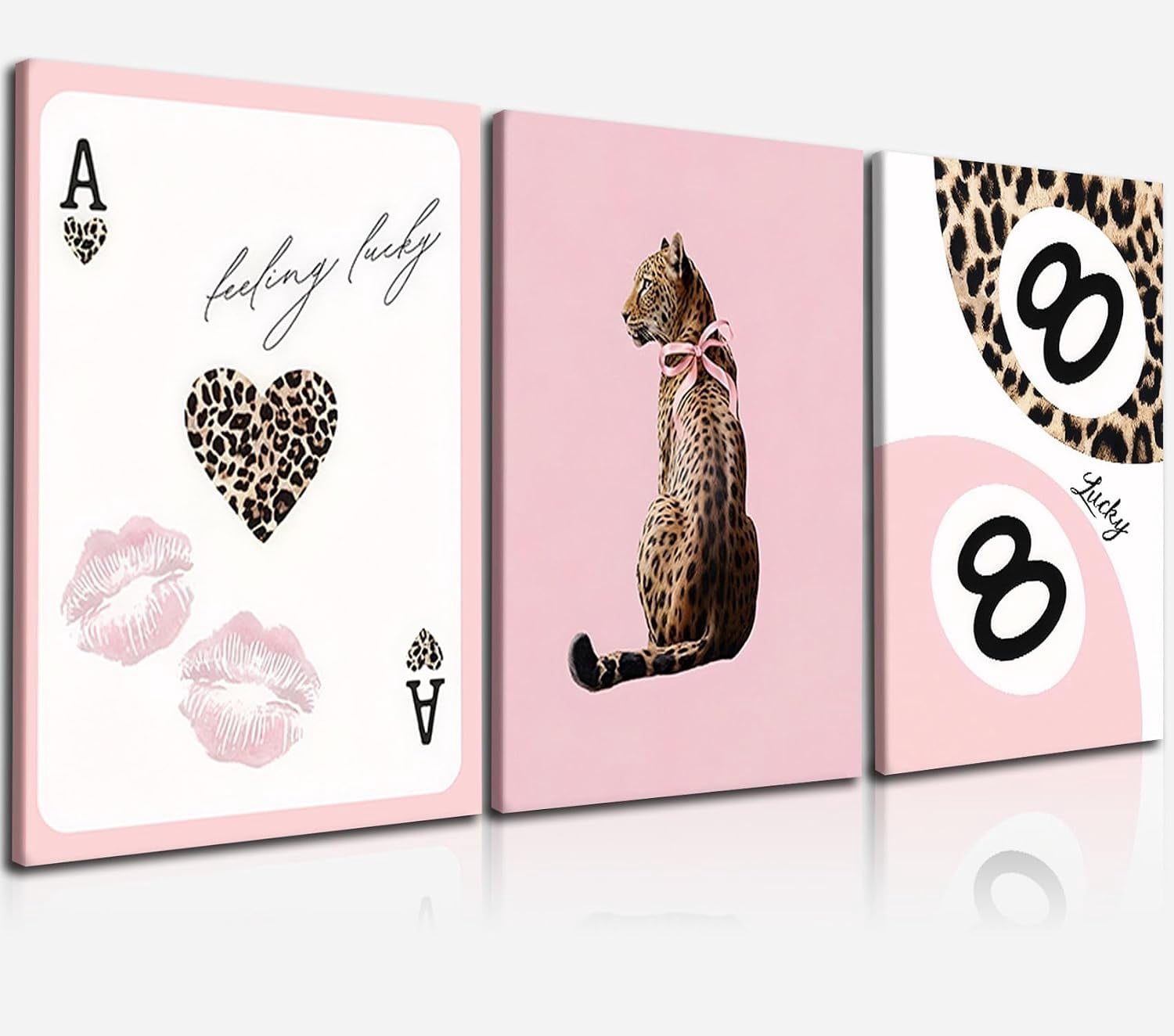 3 Pcs Pink Cheetah Fashion Canvas Wall Decor Leopard Bow Print Preppy ...