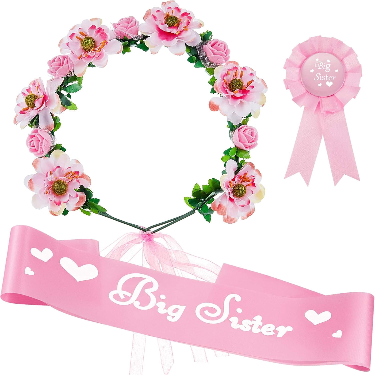 3 Pcs Pink Fashion Accessories, Flower Crown Sash Satin Belt & Badge ...