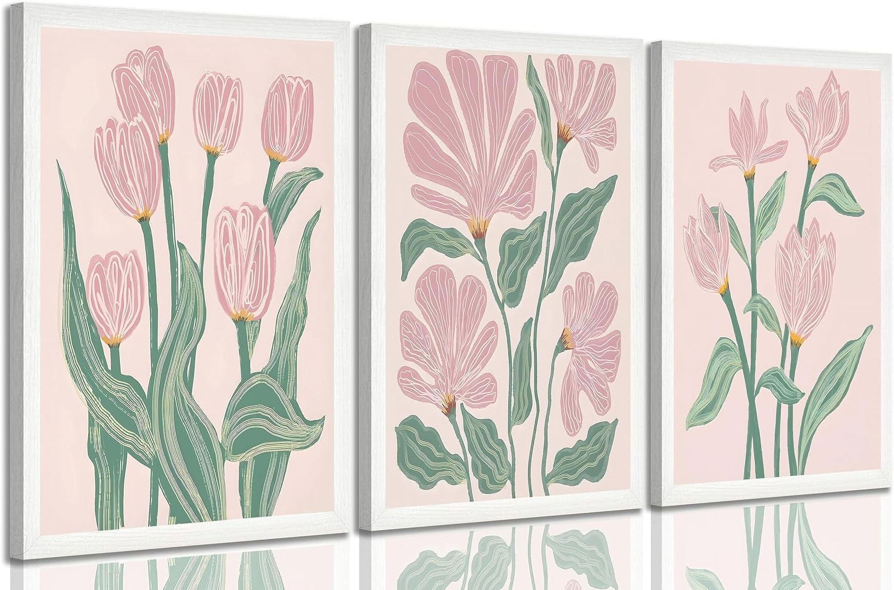 3 Pcs Pink Tulips Flowers Canvas Wall Art Boho Pink and Green Abstract ...