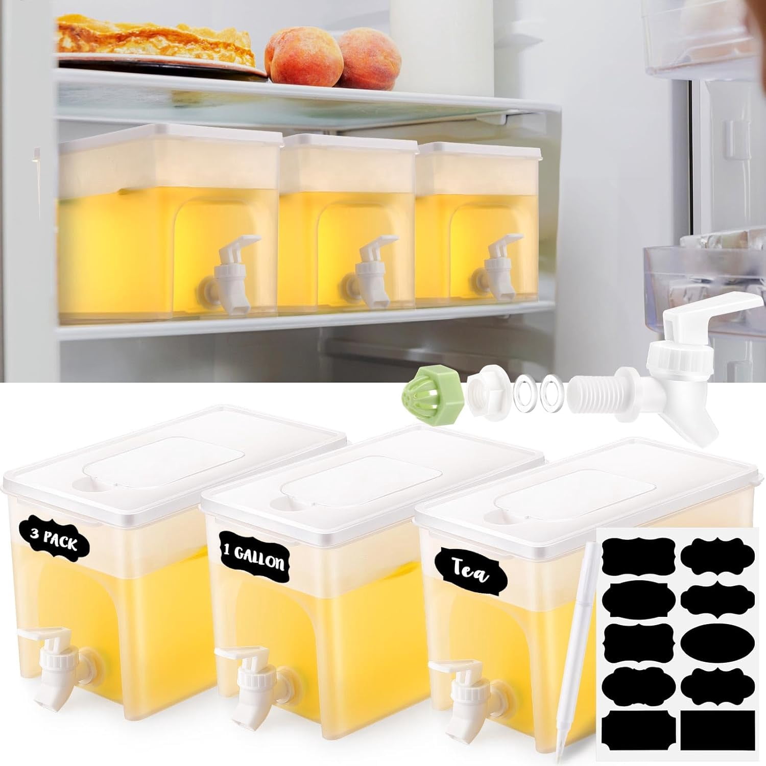 3 Pcs Plastic Drink Water Dispenser for Fridge 1 Gallon Beverage ...