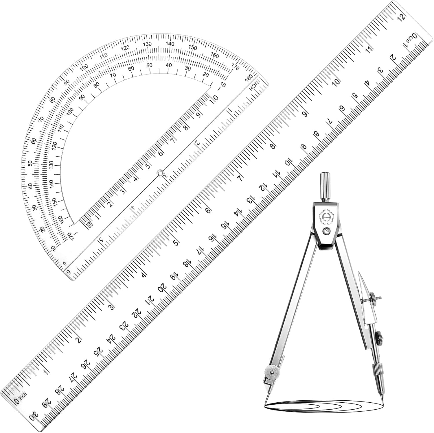 3 Pcs Plastic Ruler 6 Inch Protractor Drawing Compass Set, Student ...