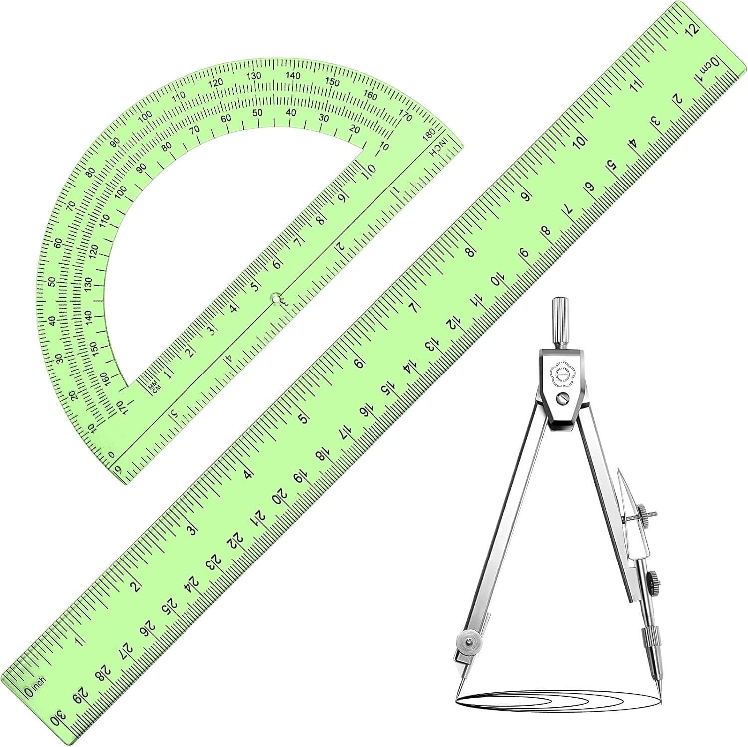 3 Pcs Plastic Ruler 6 Inch Protractor Drawing Compass Set, Student ...