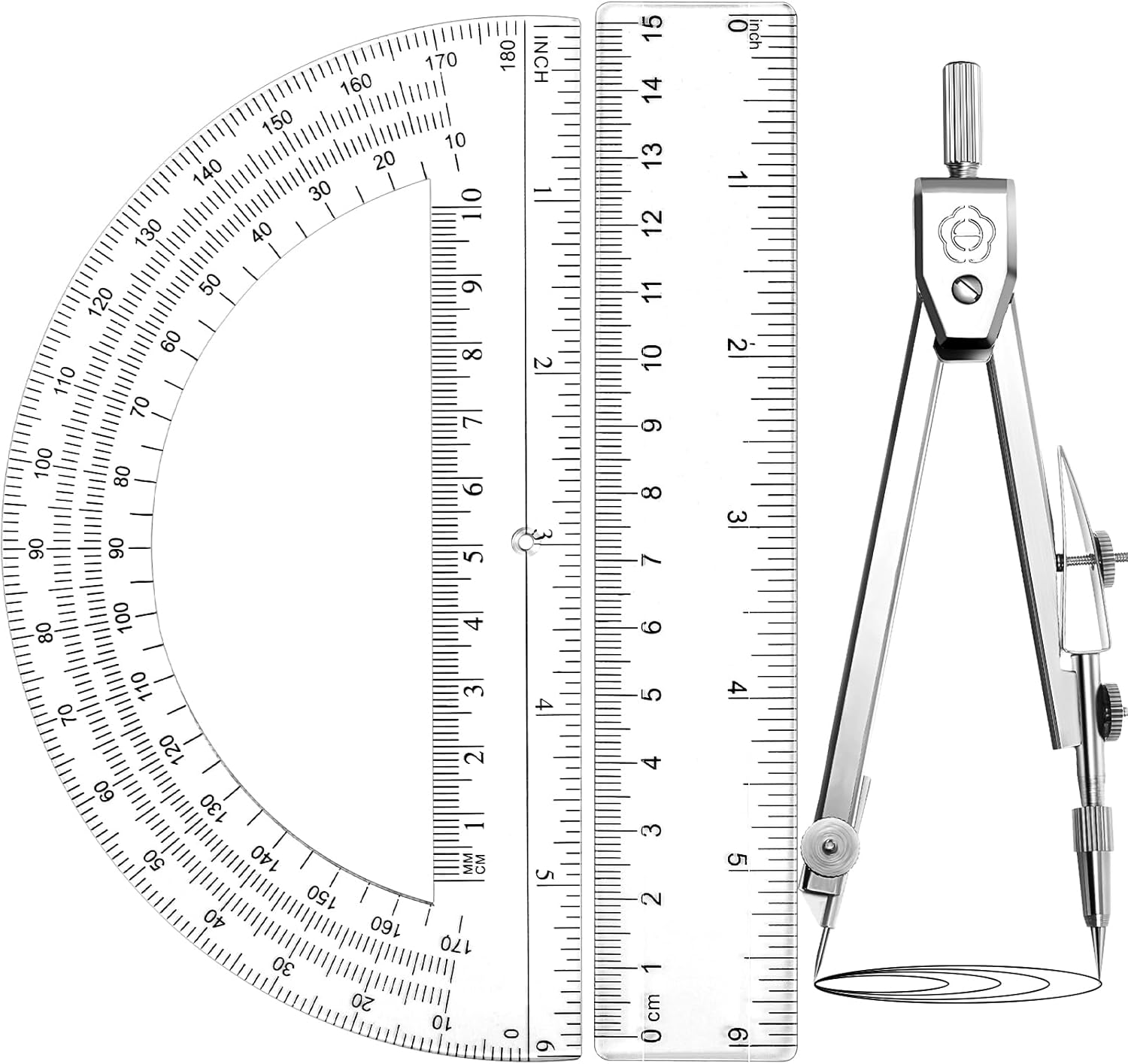 3 Pcs Plastic Ruler 6 Inch Protractor Drawing Compass Set, Student ...