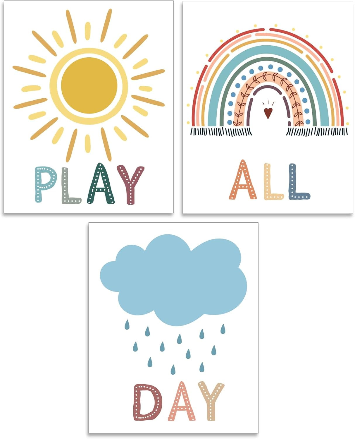 3 Pcs Play All Day Poster Sunshine Cloud Rainbow Pattern Nursery Wall ...