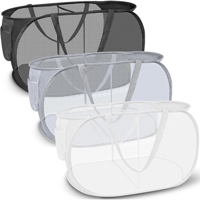 3 Pcs Pop Up Laundry Hamper, 2 Compartments Collapsible Mesh Laundry ...