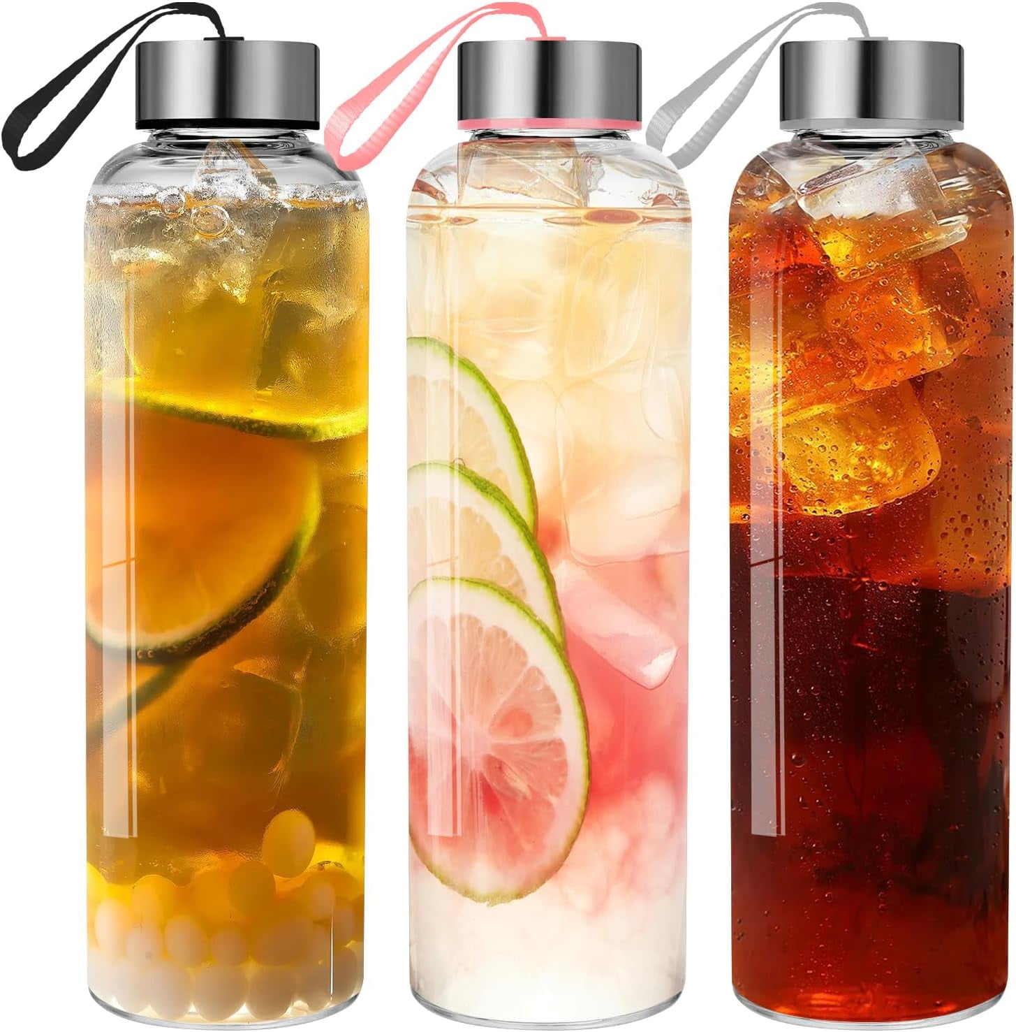 18 Oz Reusable Glass Water Bottles with Lids, 3-Pack for Juice and ...