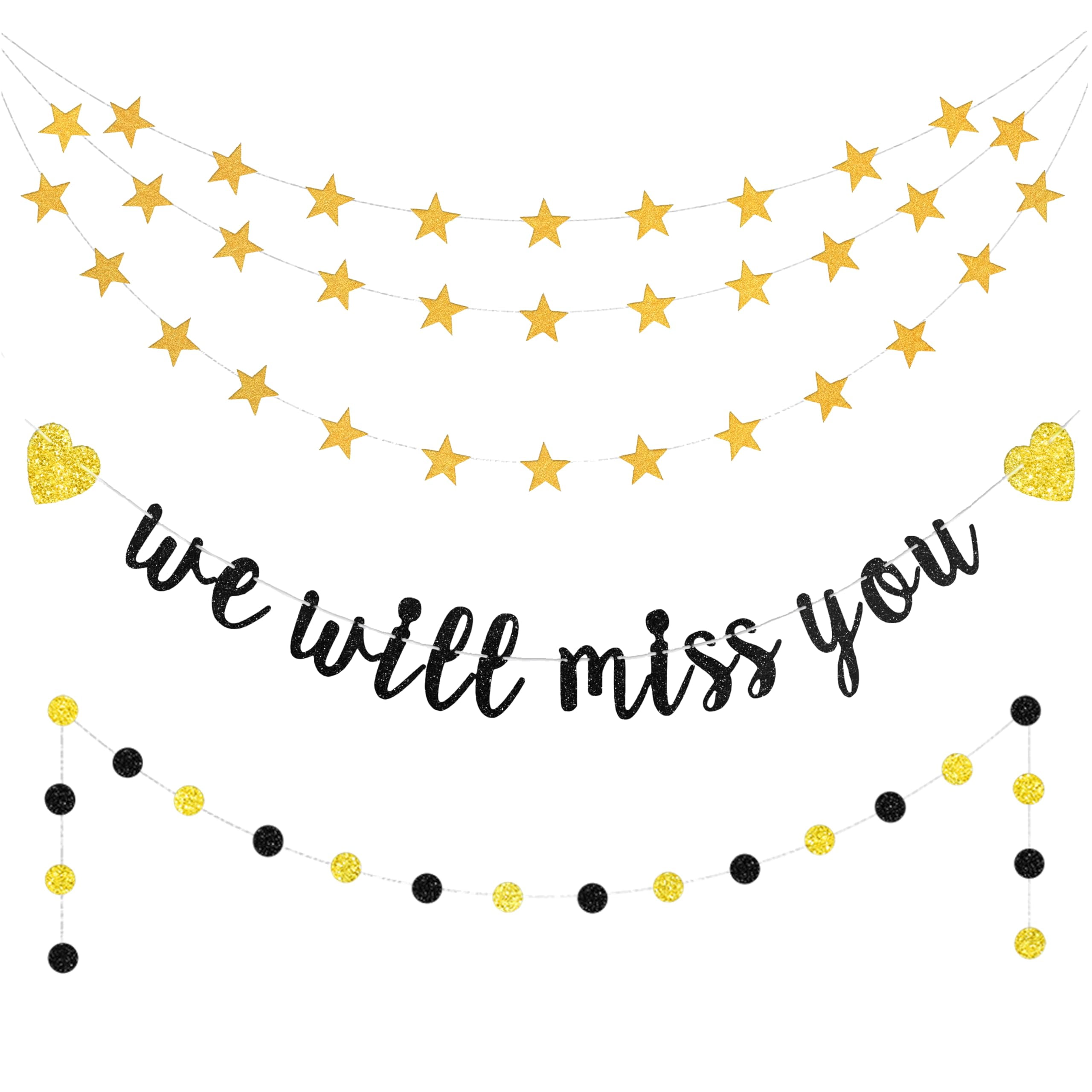 3 Pcs Pre-Strung We Will Miss You Banner & Circle Star Glitter Garland Set, Black Gold ...
