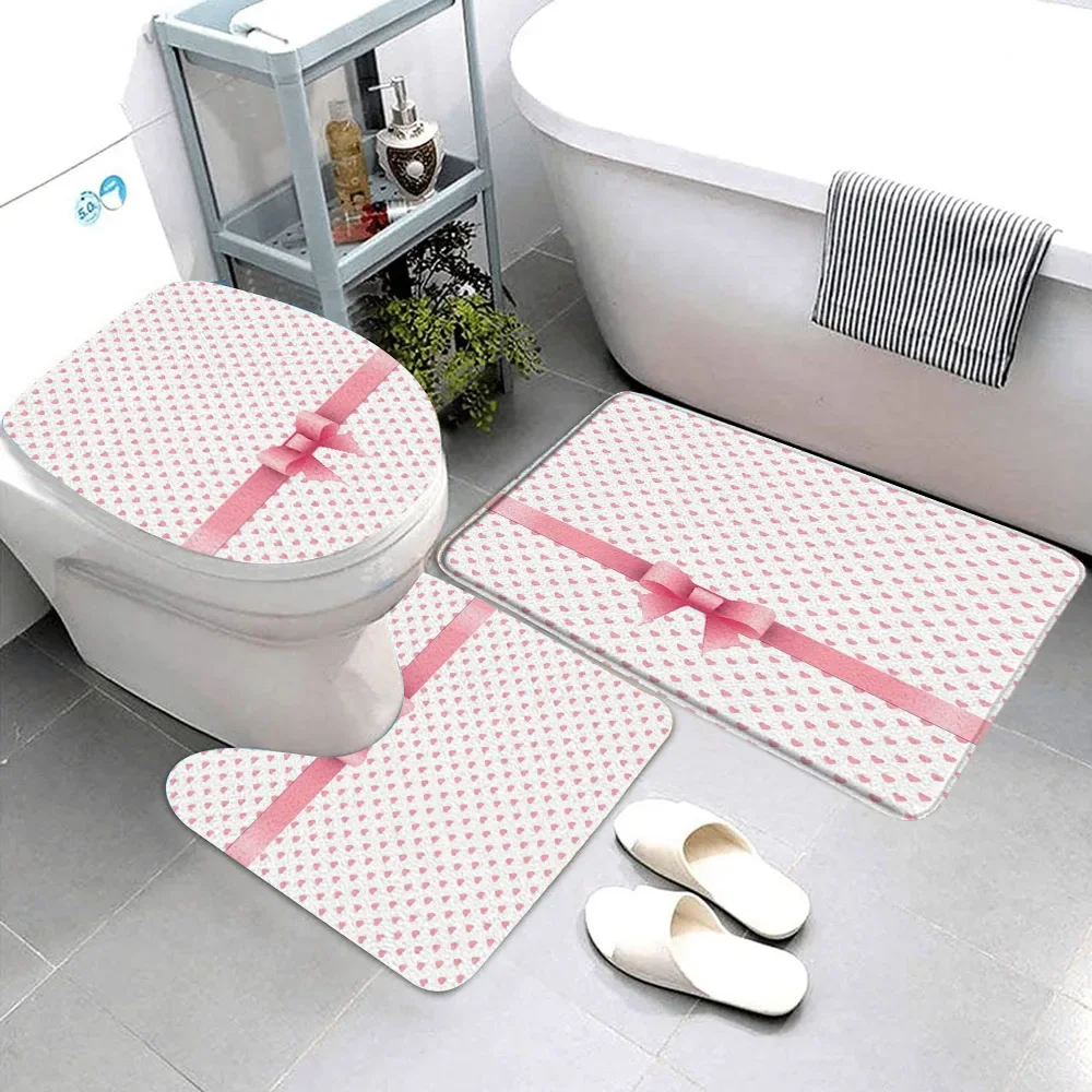 3 Pcs Pretty Pink Bow Bathroom Rug Set Ribbon Stripe Polka Dot Floral ...
