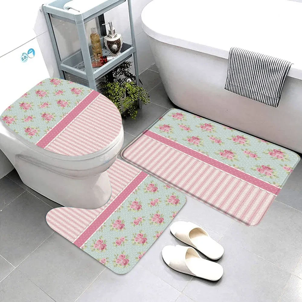 3 Pcs Pretty Pink Bow Bathroom Rug Set Ribbon Stripe Polka Dot Floral ...