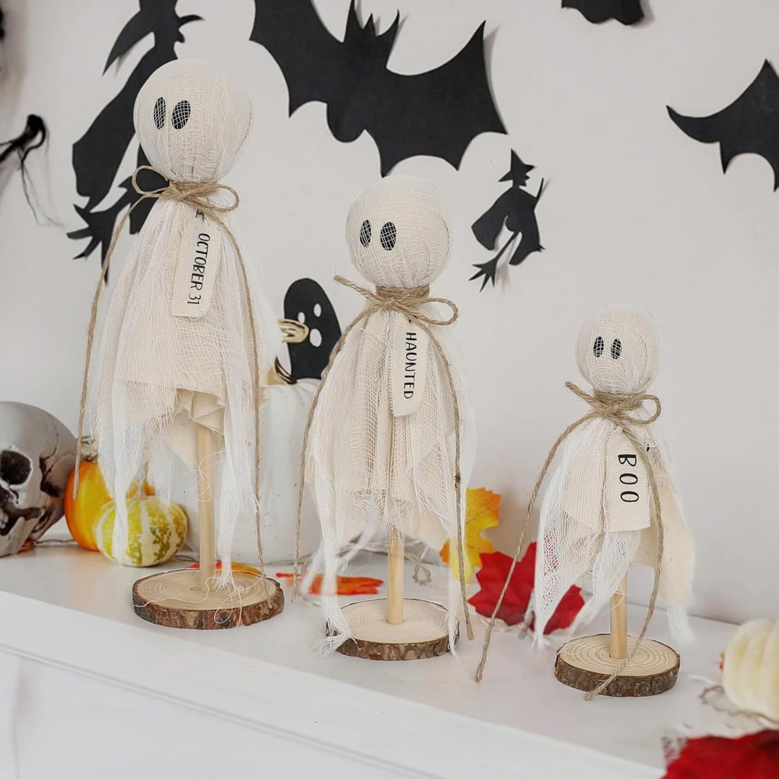 3 Pcs Primitive Ghosts on Wooden Stand - Halloween Ghost Decoration ...