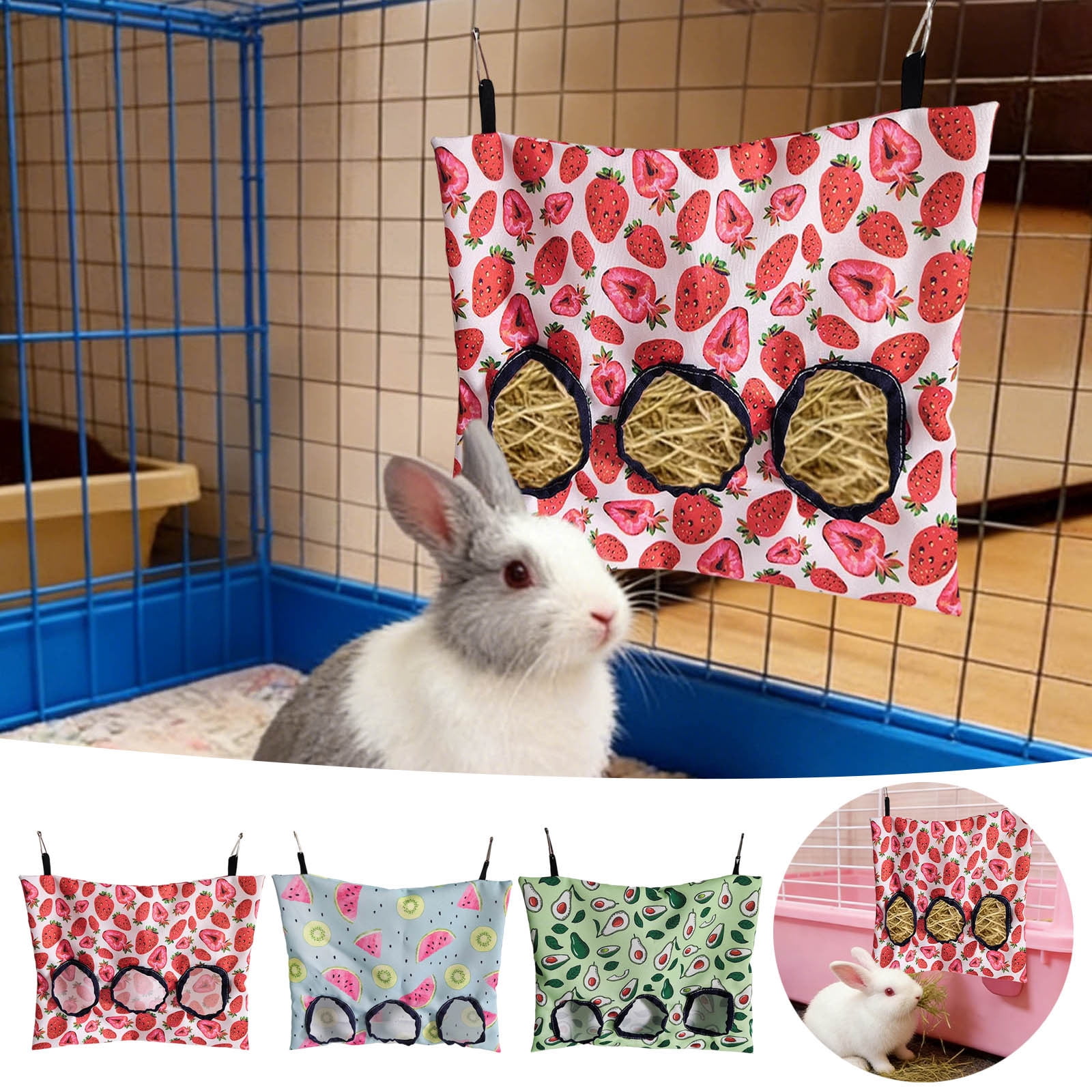 3 Pcs Rabbit Hay Feeder,3-Hole Hanging Guinea Pig Hay Bags Washable ...