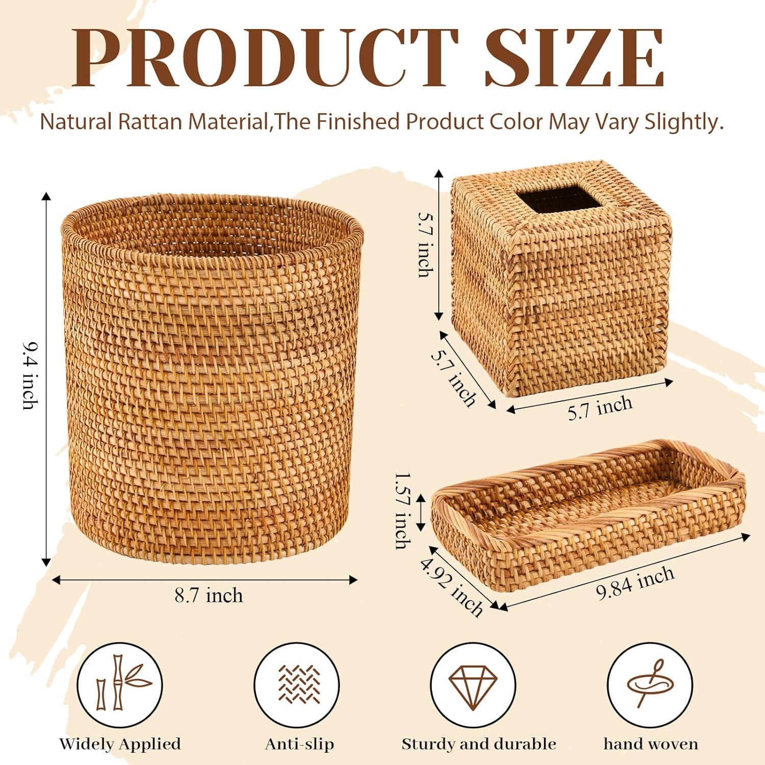 3 Pcs Rattan Bathroom Baskets Set Wicker Handwoven Trash Can Waste ...