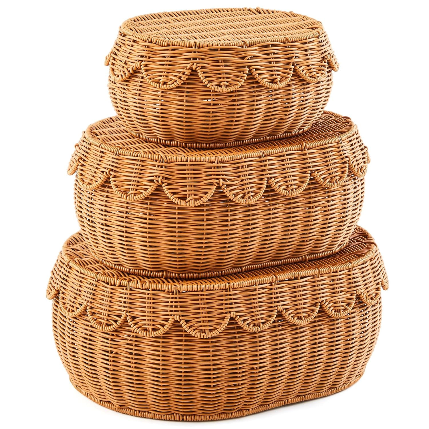 3 Pcs Scalloped Basket with Lid Hand Woven Wicker Set 18 x 14 x 6 Inch ...