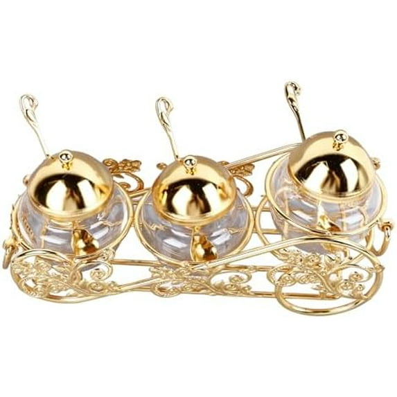 3 Pcs Seasoning with Spoon and Lid, European Style Gold Salt Sugar ...