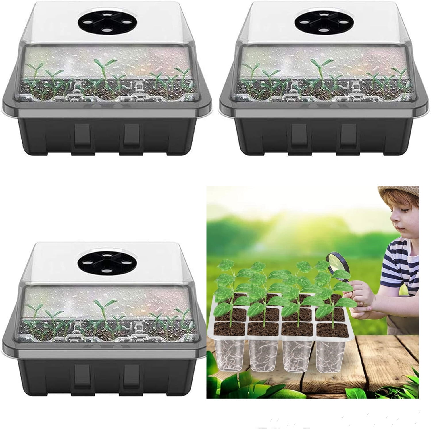 3 Pcs Seed Starter Kit,Reusable Plastic Germination Trays,Mini Seedling ...