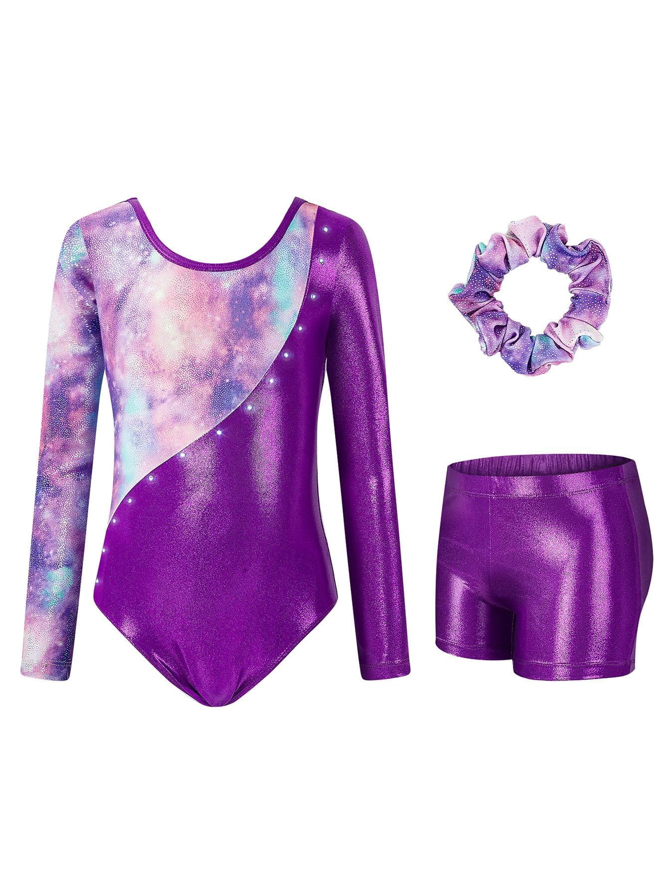 3 Pcs Set Girls Long Sleeve Shiny Metallic Gymnastics Leotards Bodysuit ...