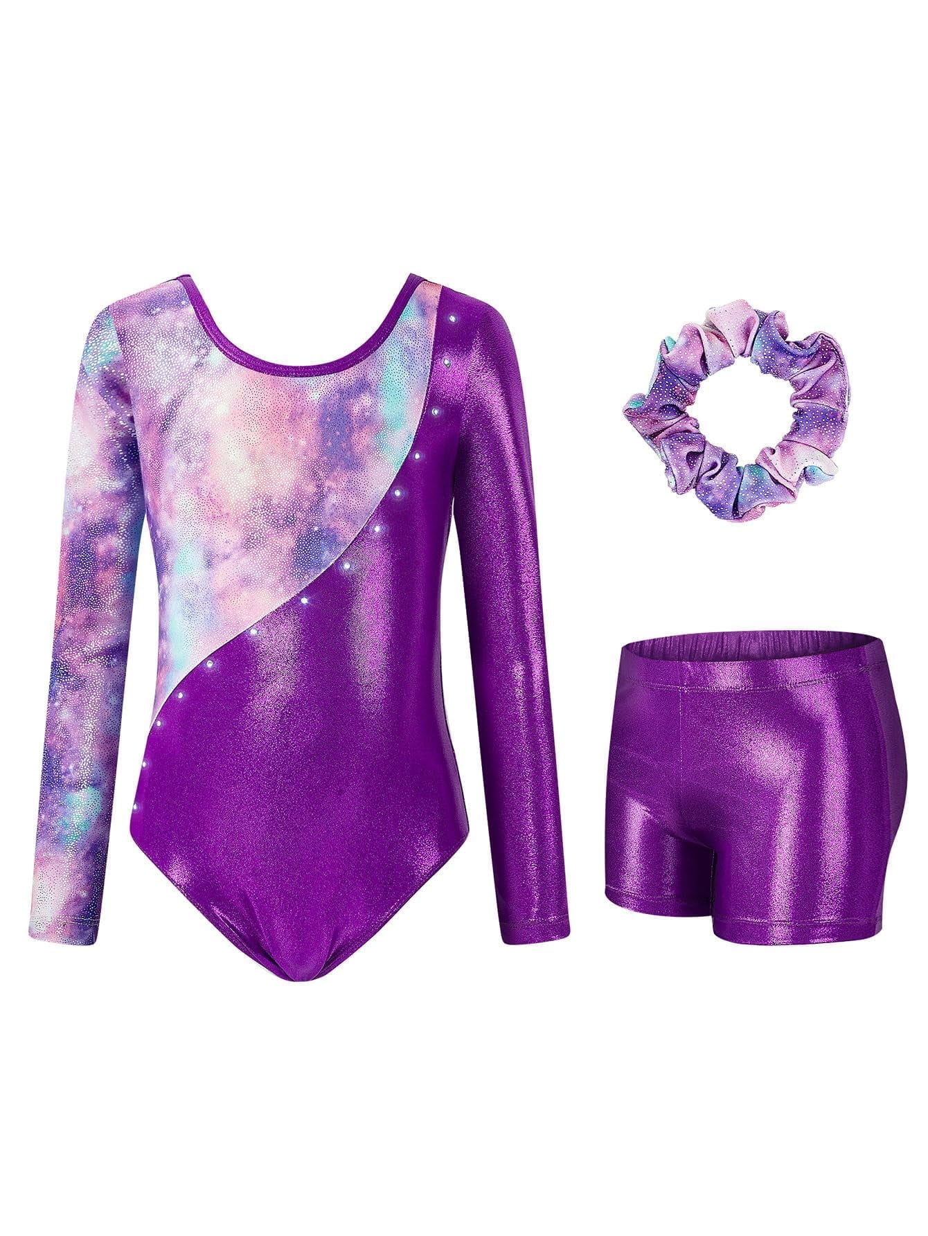 3 Pcs Set Girls Long Sleeve Shiny Metallic Gymnastics Leotards Bodysuit ...