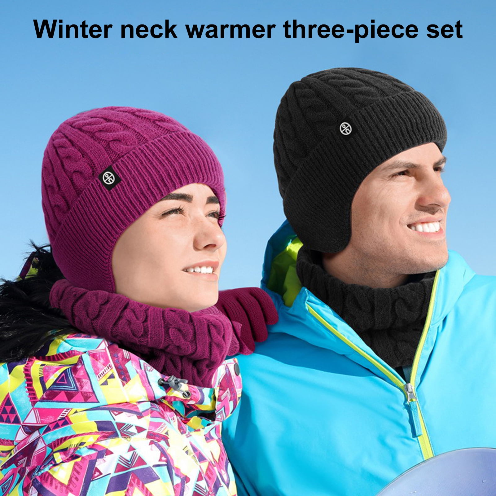 3 Pcs/Set Mid-aged Women Winter Hat Scarf Gloves Set Thick Knitted Ear ...