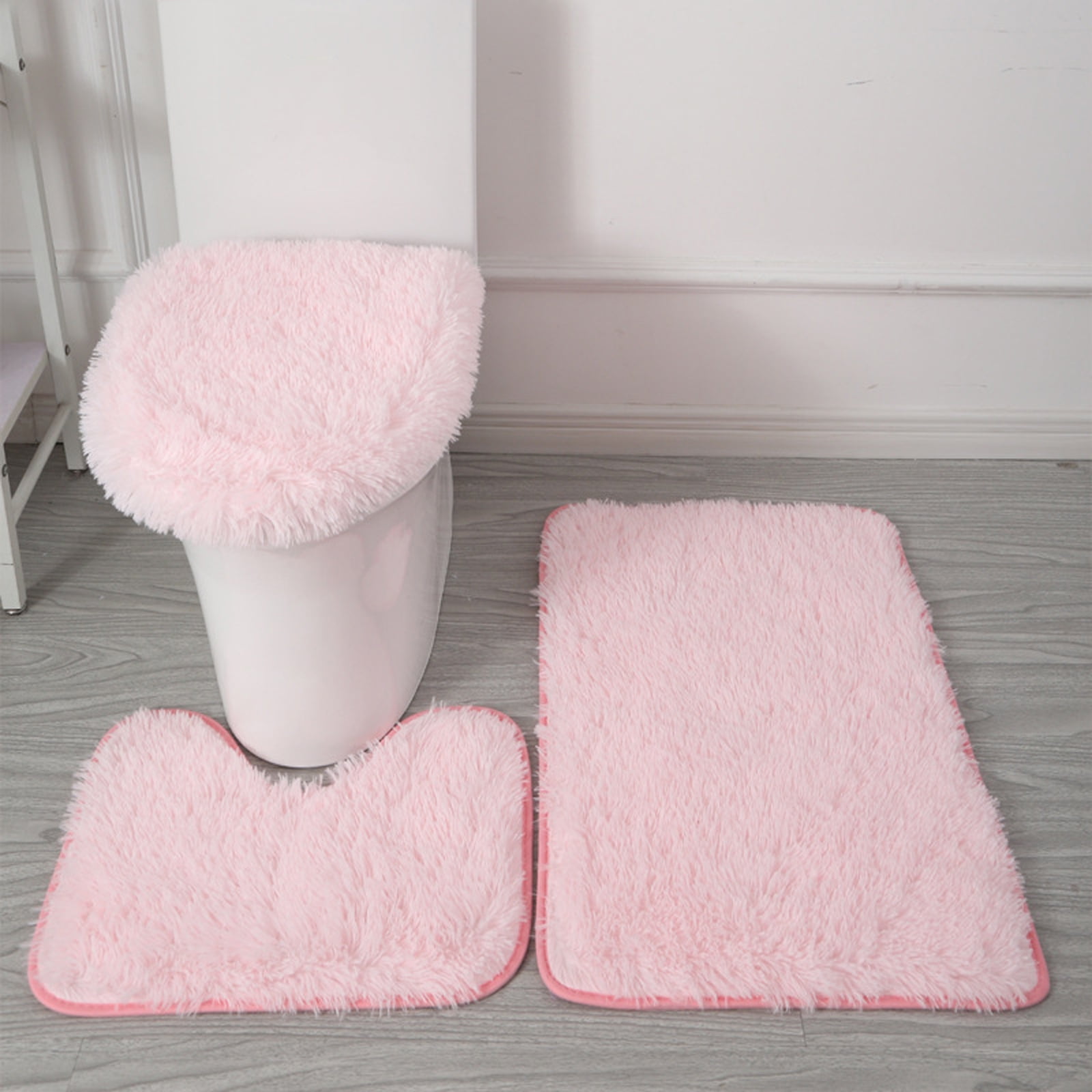 3 Piece Solid Color Bathroom Rug Set Bath Mat Contour Rug Toilet Seat Cover Light Pink