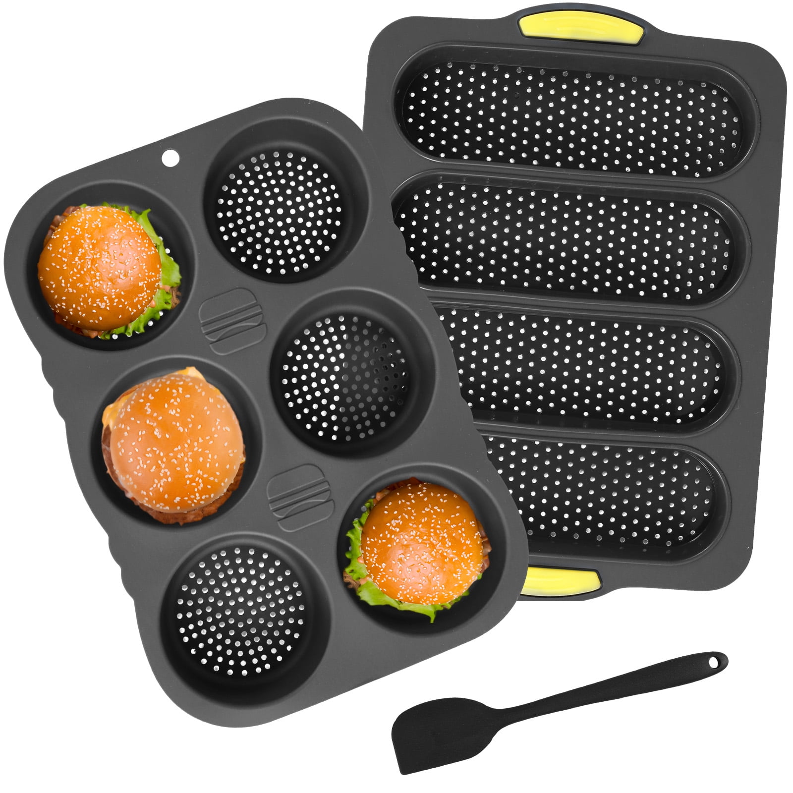 3 Pcs Silicone Baguette Pan and Hamburger Bun Pan Set with Spatula ...