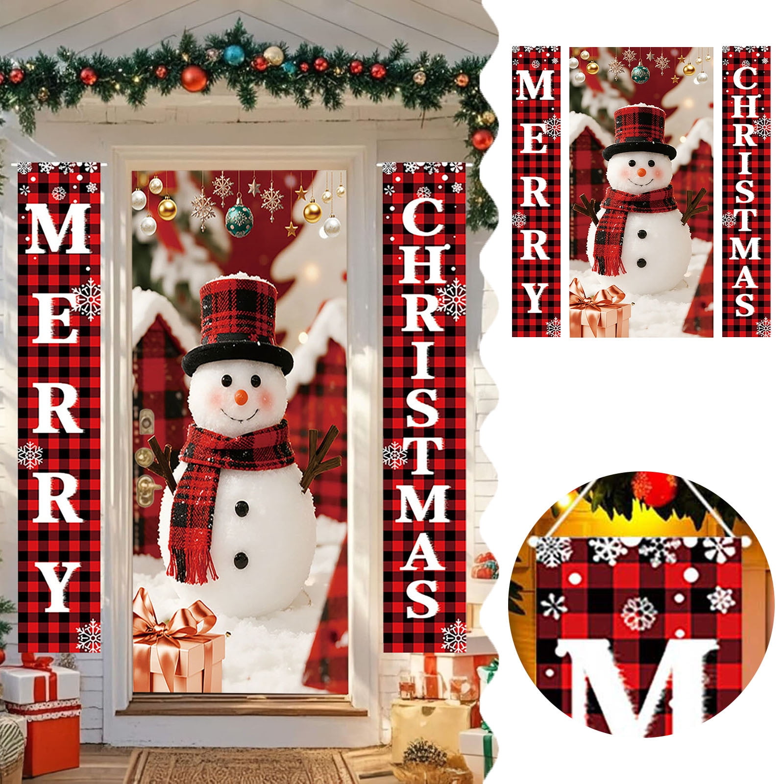3 Pcs Snowman Door Cover Plaid Merry Door Banner for Holiday Festival ...