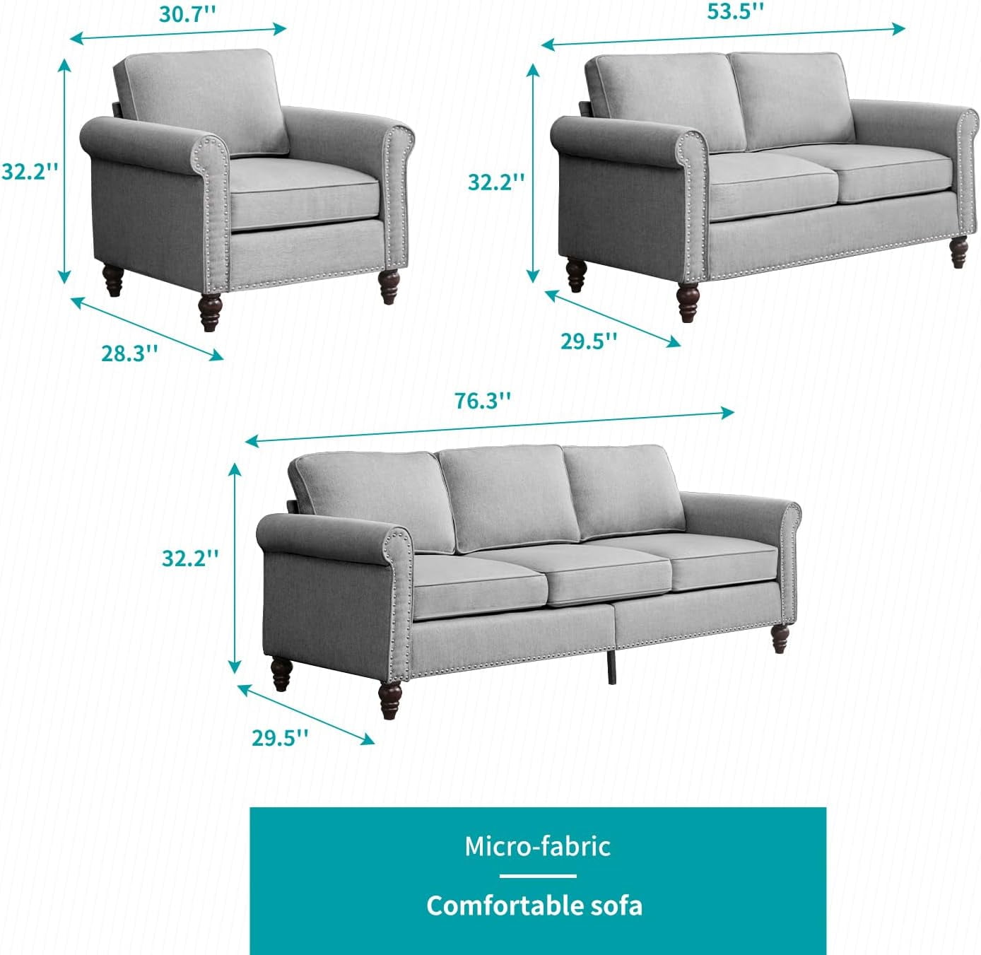 3 Pcs Sofa Set with Wooden , Linen Fabric, Nailhead Trim, Sectional ...