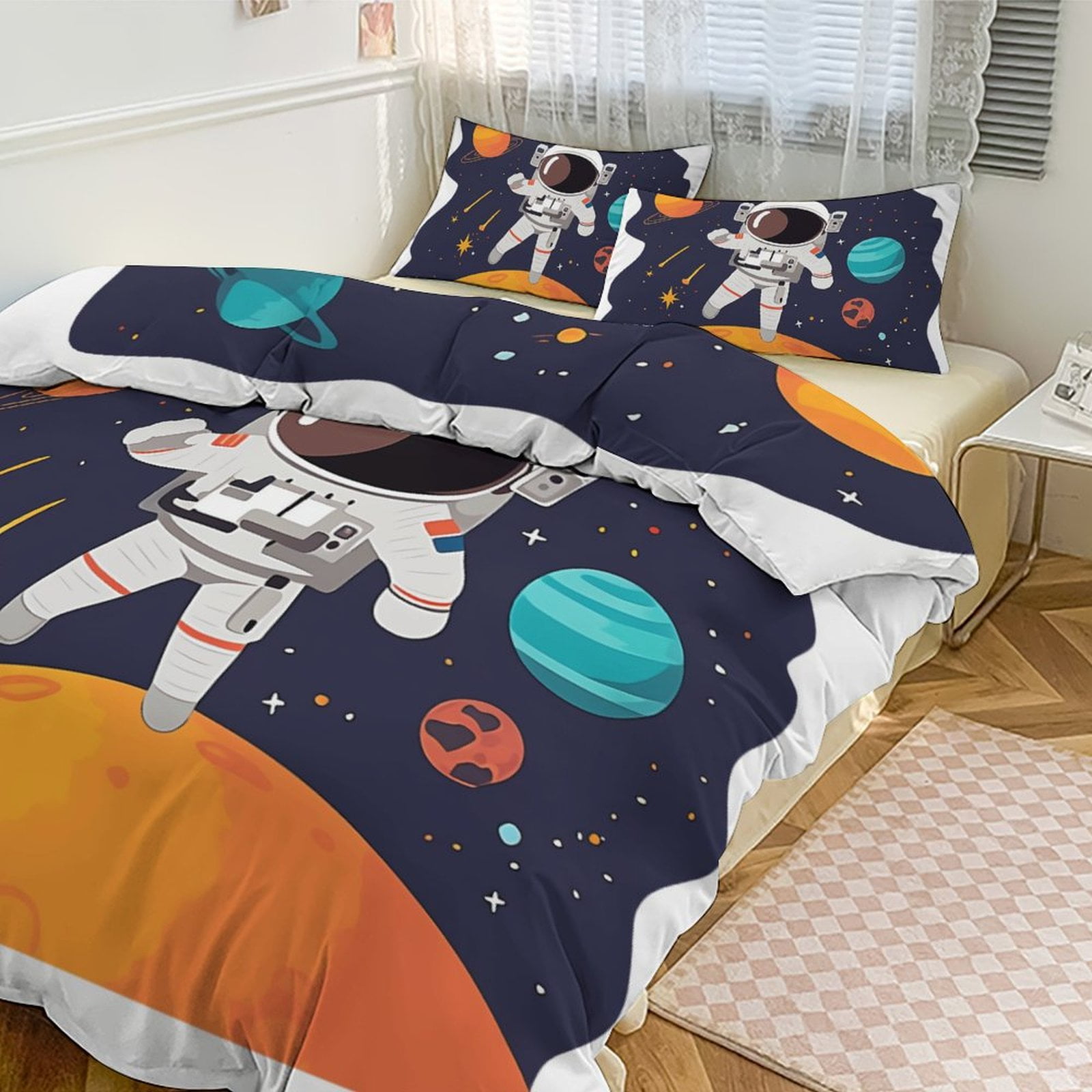 3 Pcs Soft Bedding Set, Includes 1 Duvet Cover with Zipper And 2 Pillow,Shams Cartoon Space ...